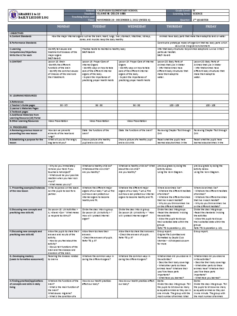 DLL - Science 4 - Q2 - W4 | PDF | Learning | Brain