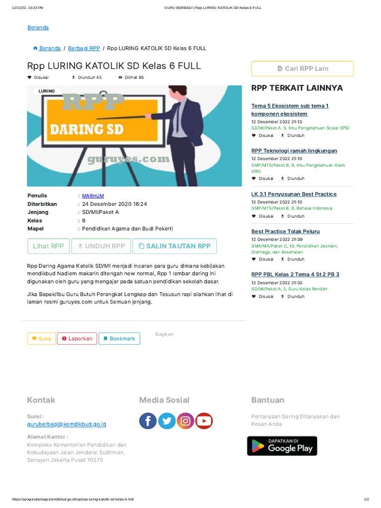 GURU BERBAGI - RPP LURING KATOLIK SD Kelas 6 FULL | PDF