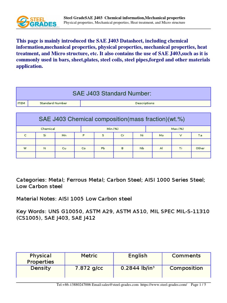 Datasheet For Steel Grades Carbon Steel Sae j403 | PDF | Rolling (Metalworking) | Pipe (Fluid ...