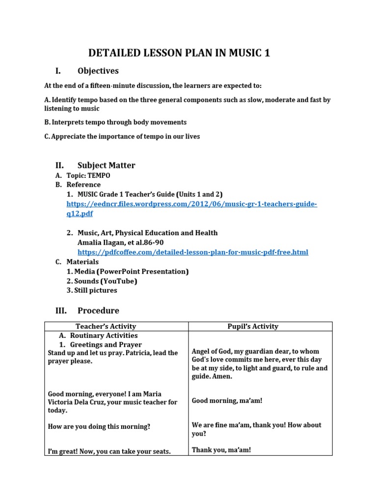 Detailed Lesson Plan in Music 1 | PDF | Tempo | Prayer