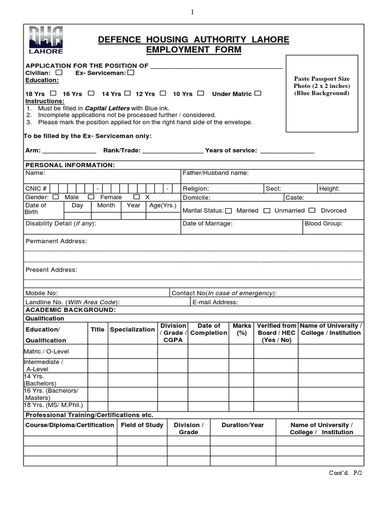 DHA Lahore Job Application Form. Final | PDF