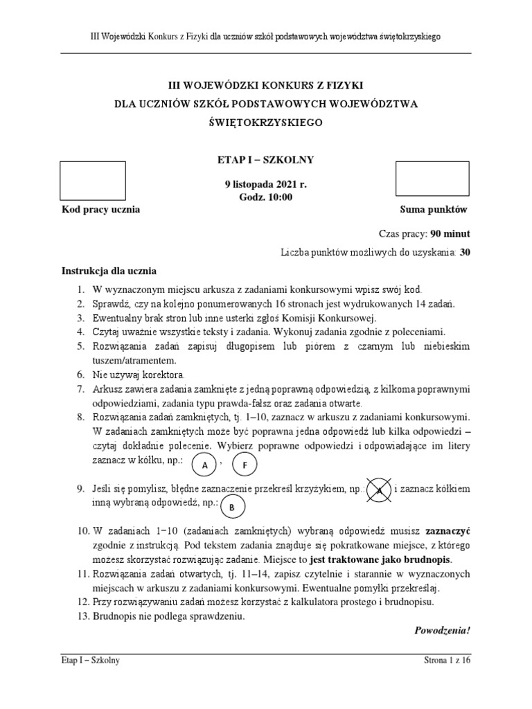 III Wojewodzki Konkurs Z Fizyki - I Etap - Arkusz Z Zadaniami | PDF