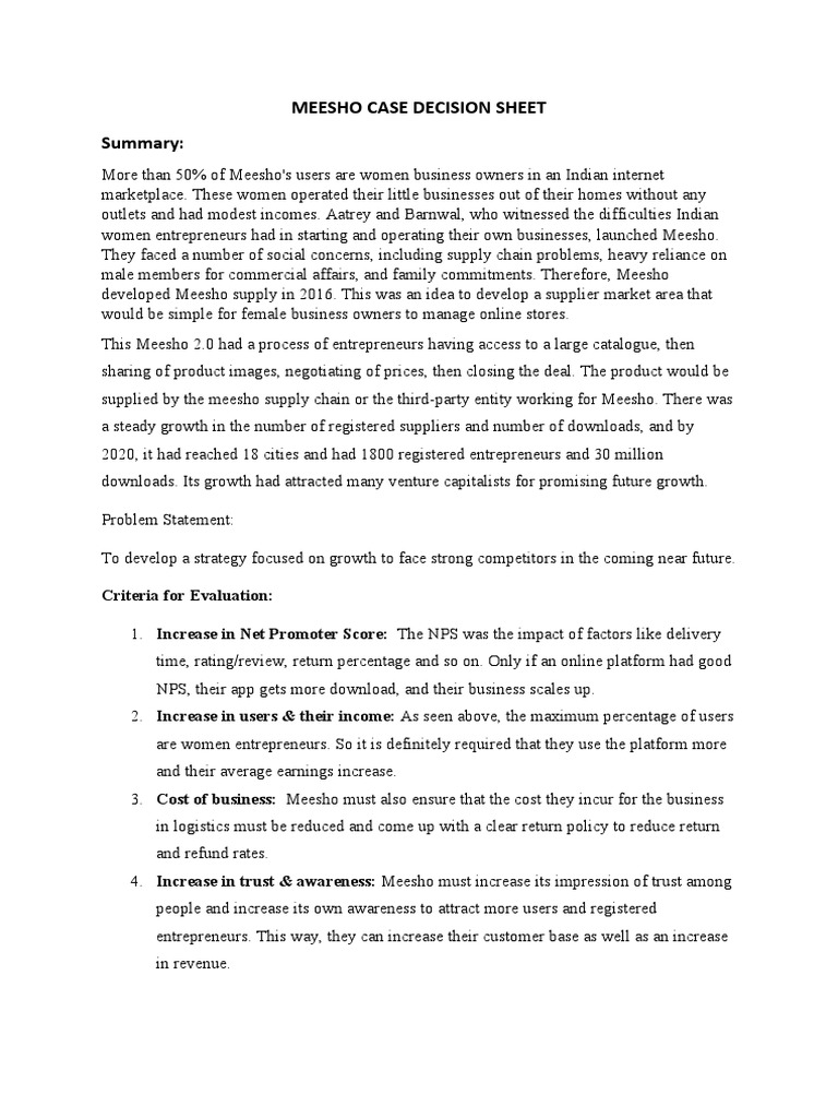 Meesho Case Decision Sheet | PDF | Supply Chain | Entrepreneurship