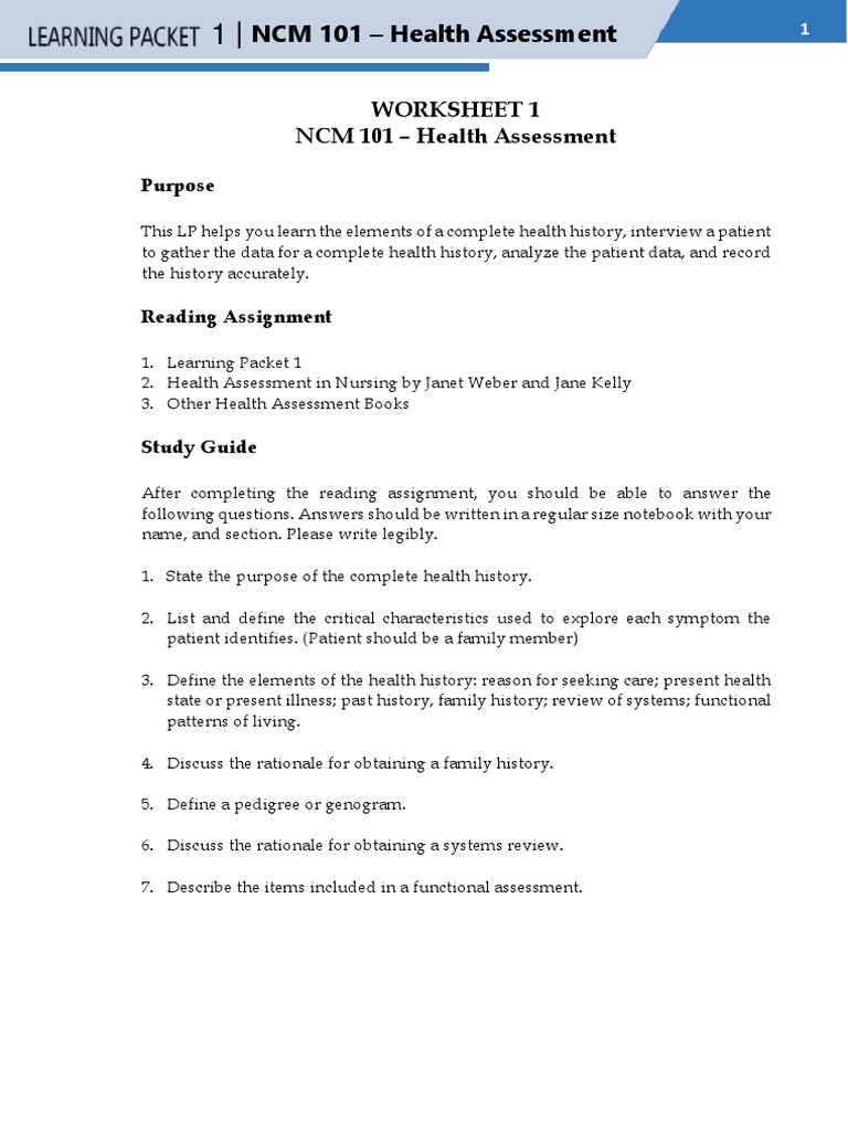 NCM 101 Worksheet 1&2 PDF | PDF | Physical Examination | Cognitive Science