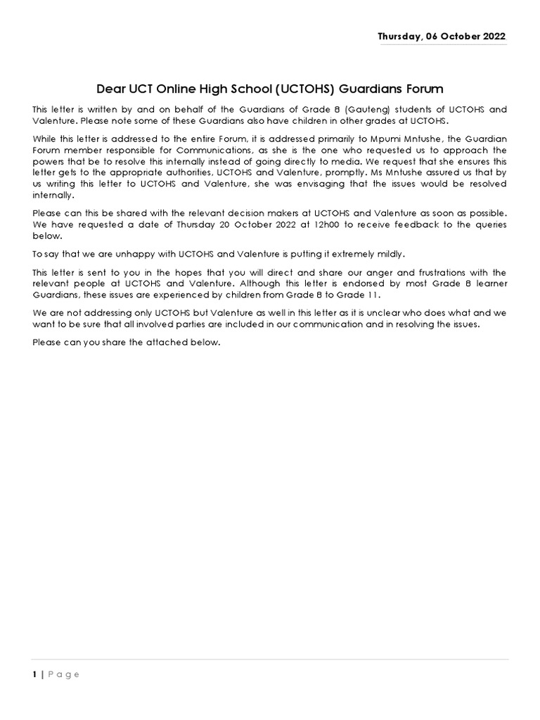 Letter Written by and On Behalf of The Guardians of Grade 8 (Gauteng ...