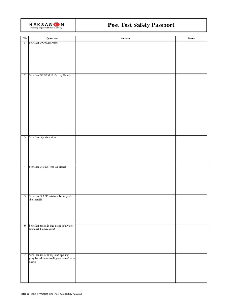 HTK - Q-HSSE-INTFORM - 024 - Post Test Safety Passport | PDF