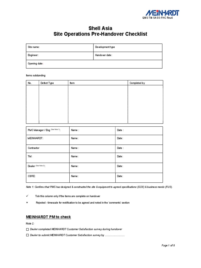 QMS-TM-SASO-FHC Rev4 - PreHandover Checklist Template | PDF ...