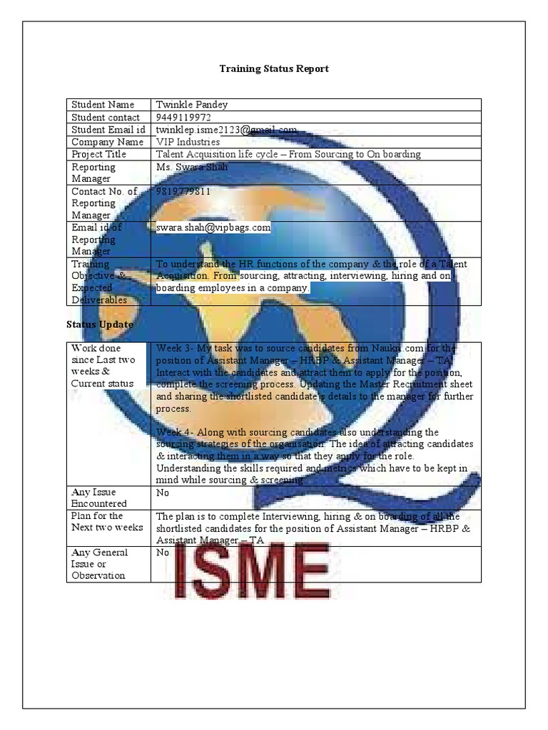 Twinkle - SIP - Fortnight Report - Talent Acquisition | PDF