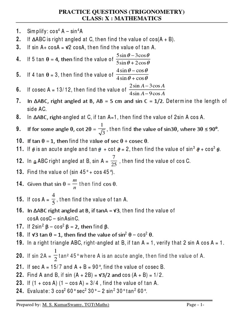 Practice Questions Trigonometry Class X Pdf Trigonometric Functions Angle