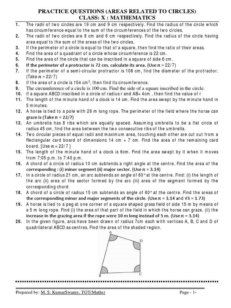 Class 10 Circle Area Practice Questions | PDF | Area | Circle