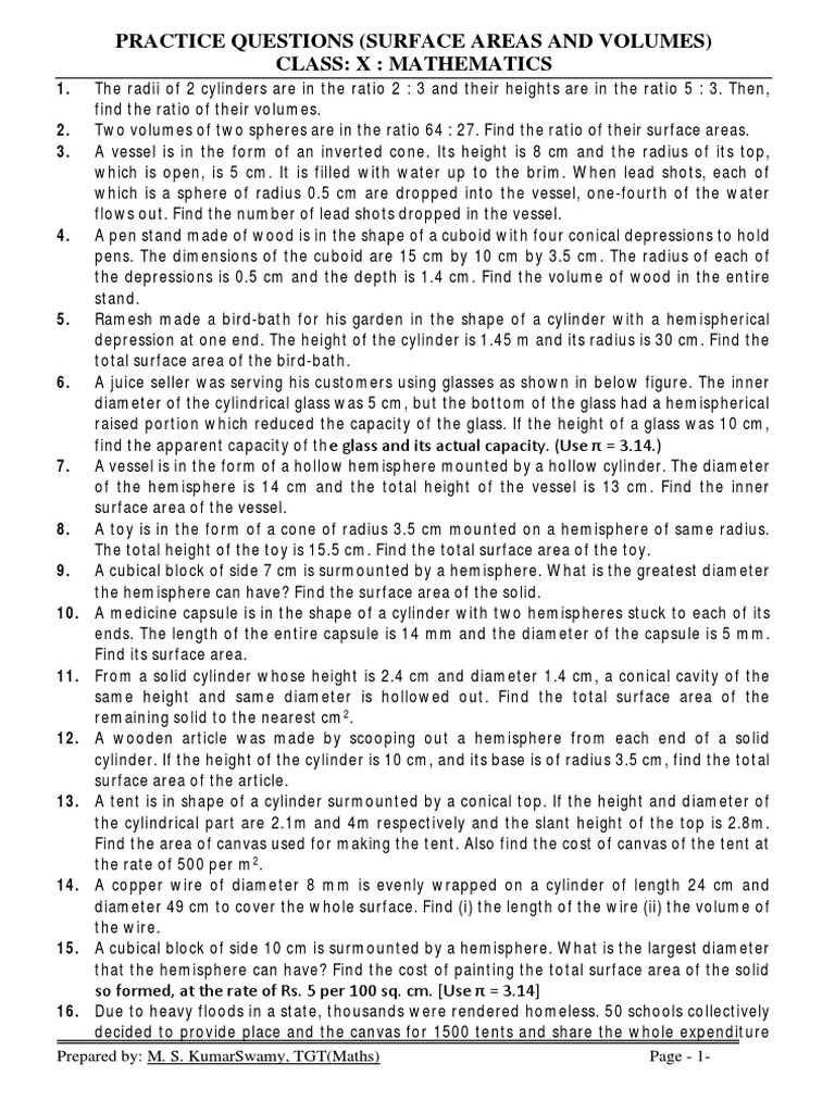 Practice Questions Surface Areas and Volumes Class X | PDF | Sphere | Volume