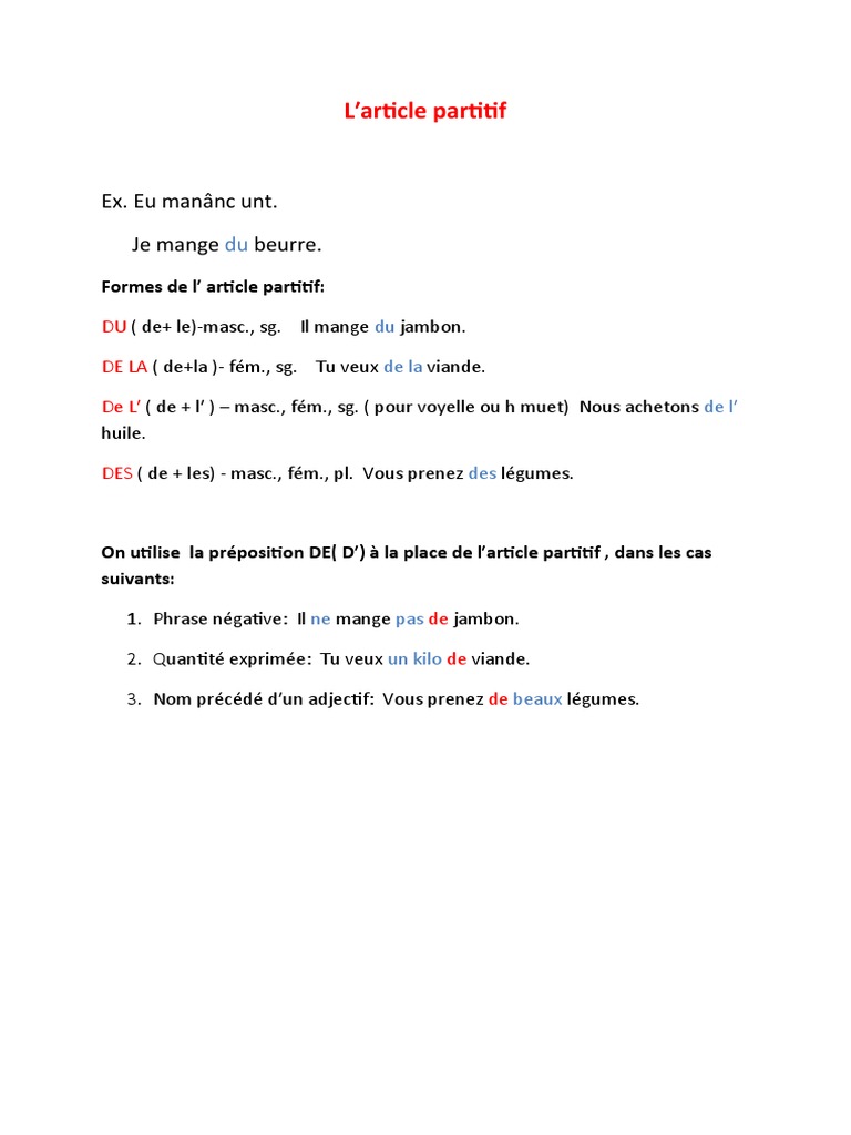Articolul Partitiv L Article Partitif | PDF