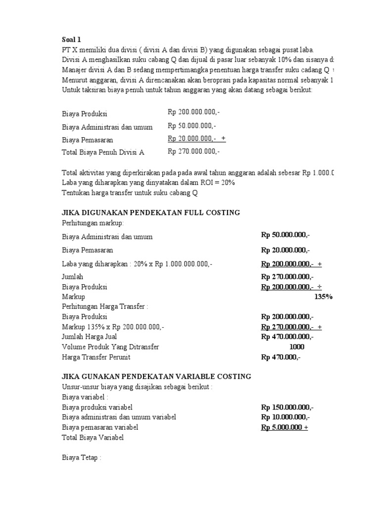 Contoh Soal Akmen Harga Transfer | PDF