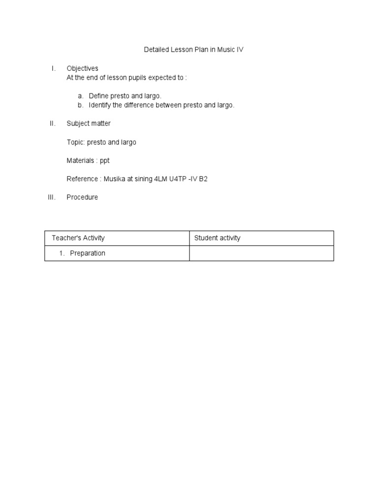 Presto vs. Largo: Music Lesson Plan | PDF
