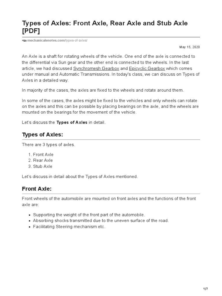 Types of Axles Front Axle Rear Axle and Stub Axle PDF | PDF | Axle ...