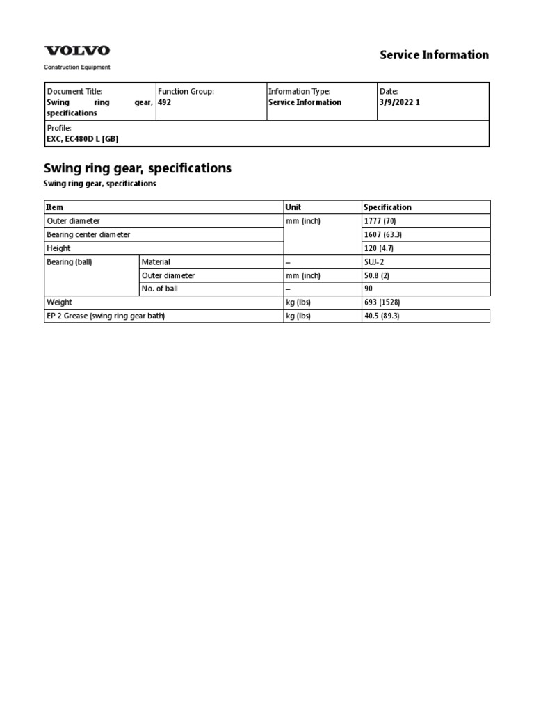 EC480D - Swing Ring Gear, Specifications | PDF