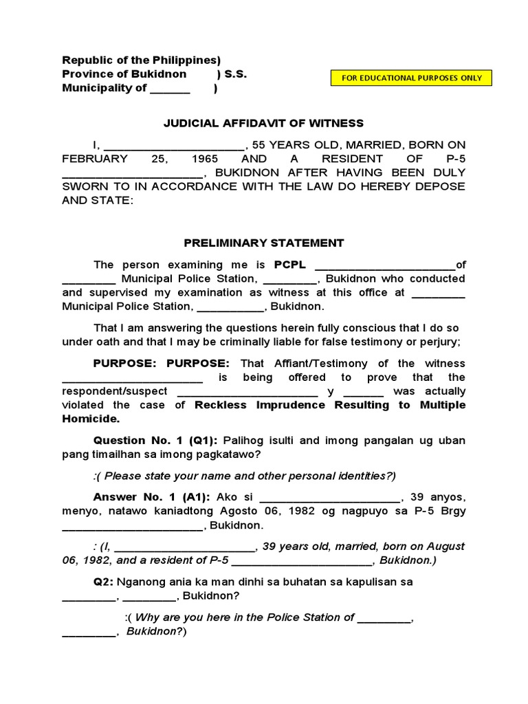 Affidavit of Witness Sample | PDF | Affidavit | Perjury