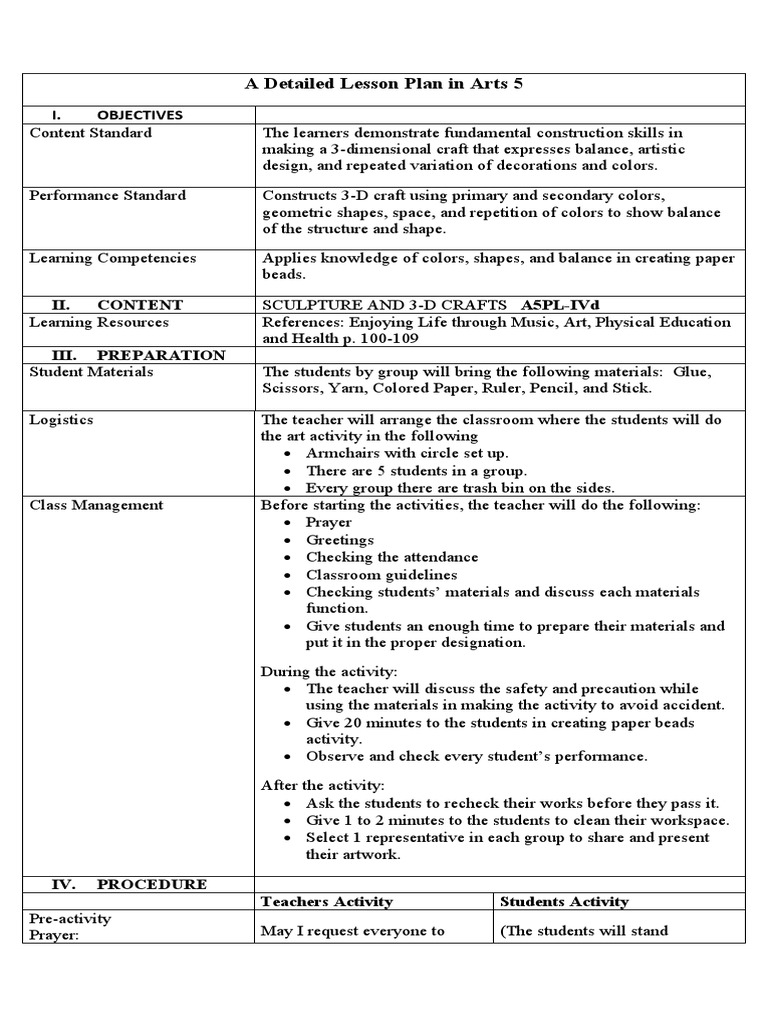 Grade 5 Detailed Art Lesson Plan | PDF | Color | Teachers