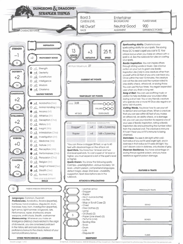 Dungeons and Dragons Stranger Things Starter Set Character Sheets | PDF
