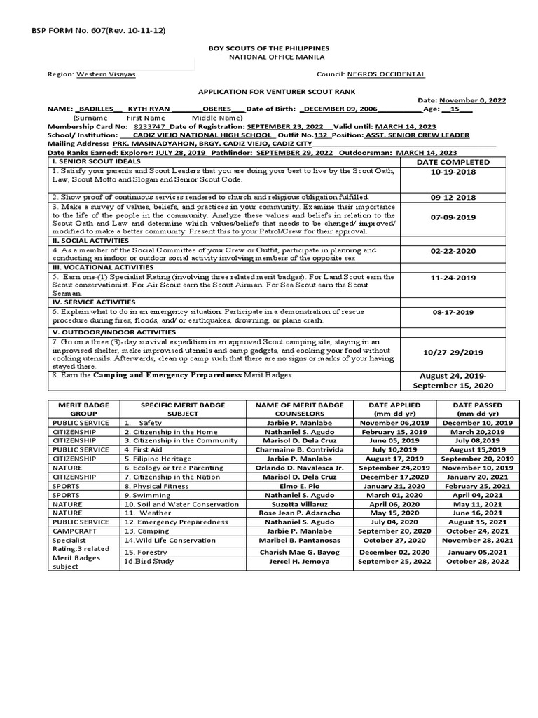 Venturer Scout Rank Application Form | PDF | Scouting | Outdoor Recreation Organizations
