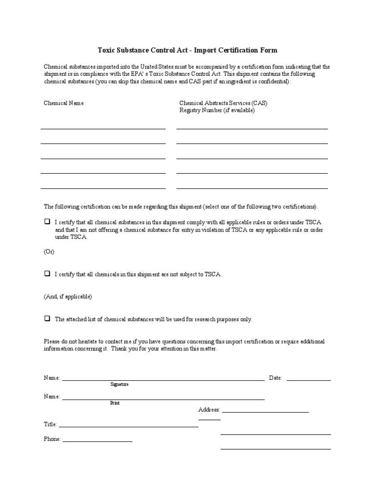 TSCA - Import - Certificate | PDF