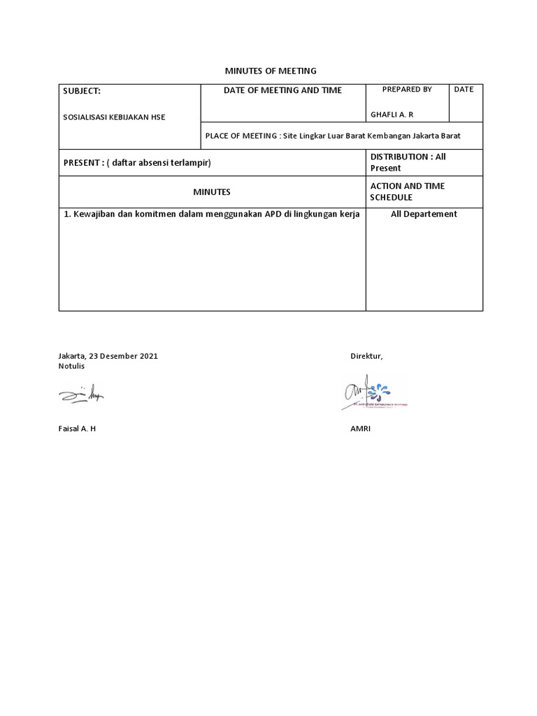 Notulen Rapat Sosialisasi HSE | PDF