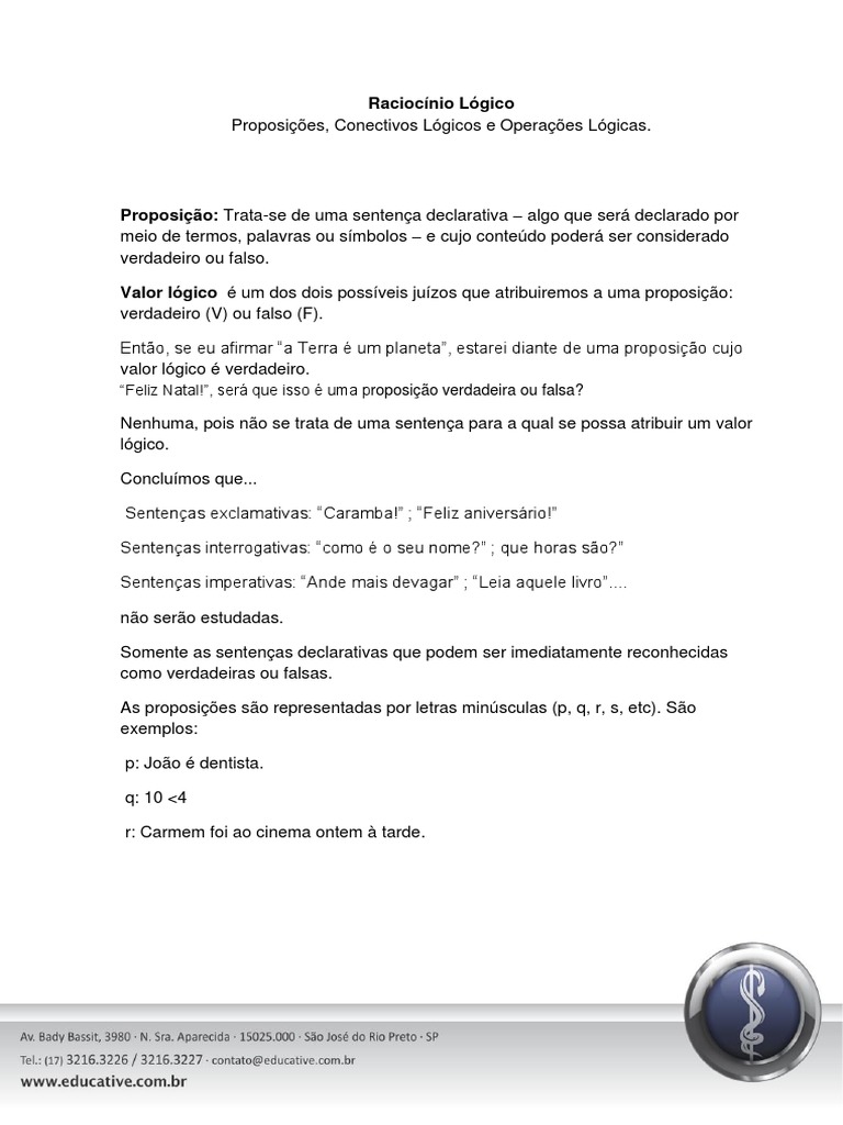 Aula Raciocínio Lógico Preposições Conectivos Logicos e Operações ...
