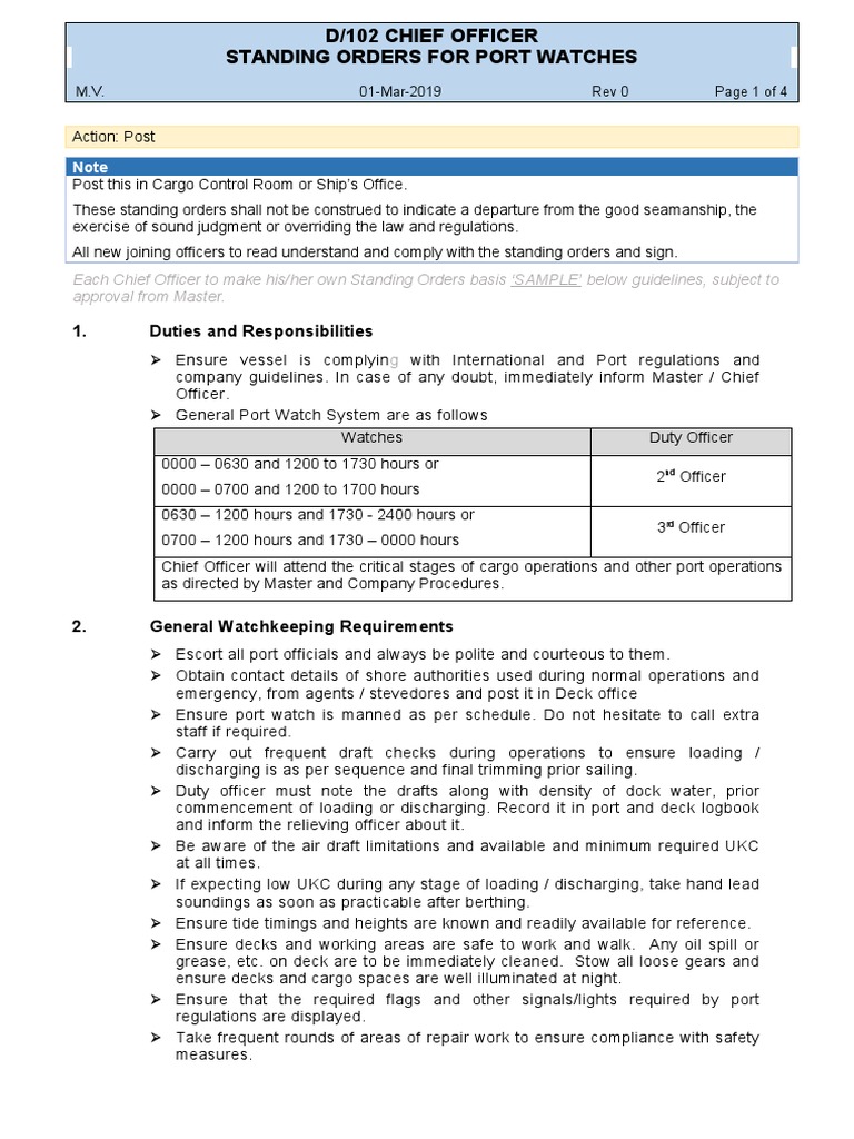 D-102 Chief Officer Standing Orders For Port Watches | PDF | Port ...