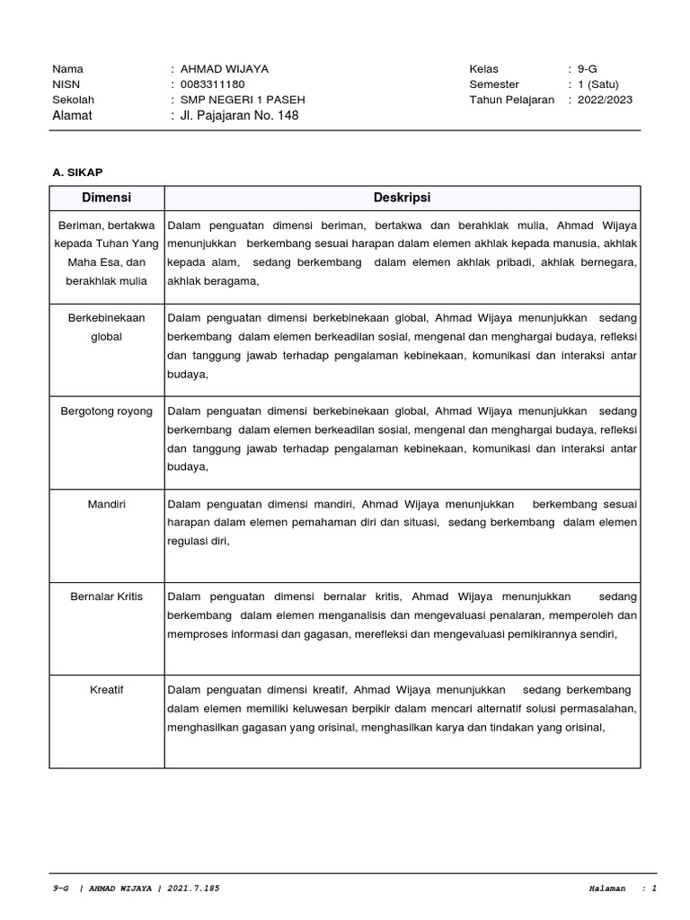 Contoh Rapor - K-13 Versi Baru | PDF