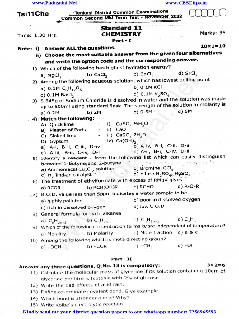 11th Chemistry 2nd Mid Term Exam 2022 Original Question Paper Thenkasi District English Medium ...