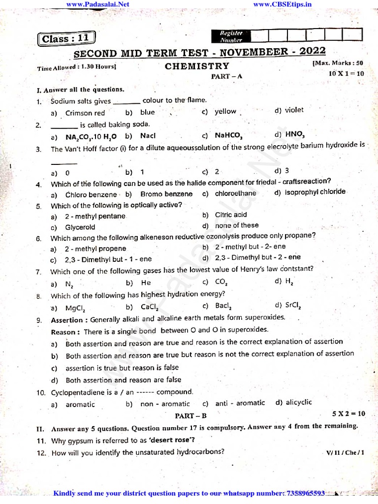 11th Chemistry 2nd Mid Term Exam 2022 Original Question Paper Kallakurichi District English ...