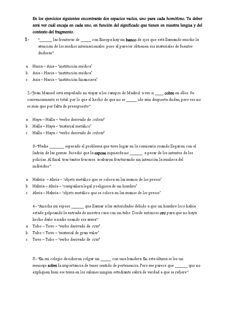 Ejercicios de Homófonos para Estudiantes | PDF