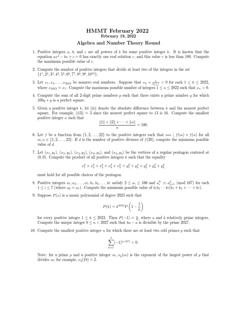 HMMT February 2022 Algebra Problems | PDF | Numbers | Integer