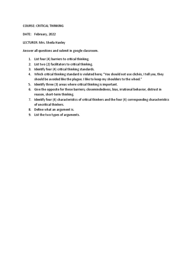Critical Thinking Assignment One 2022 | PDF Critical Thinking Assignment One 2022 | PDF