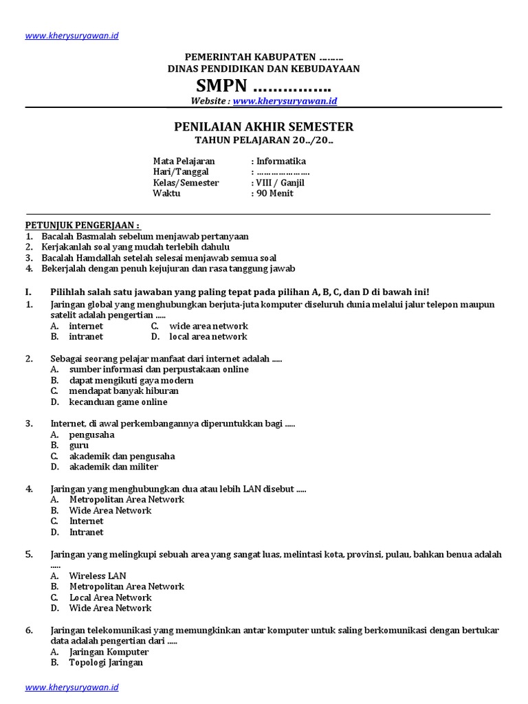 Soal & Jawaban PAS Informatika VIII - WWW - Kherysuryawan.id | PDF