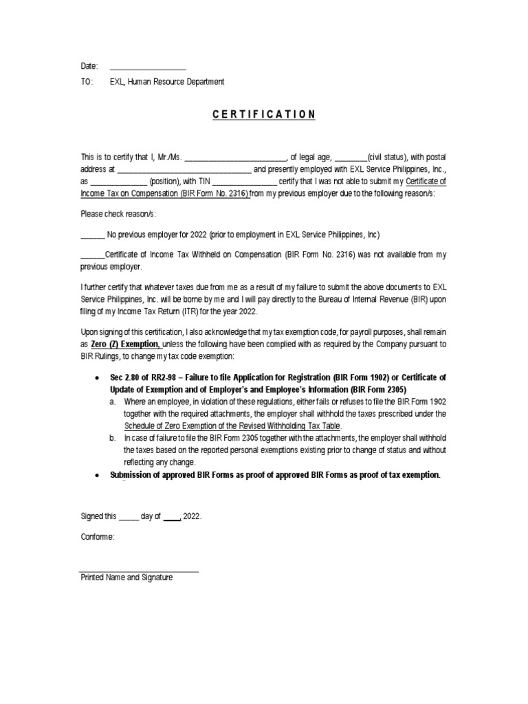 Certification of BIR Form 2316 Submission | PDF | Finance & Money ...