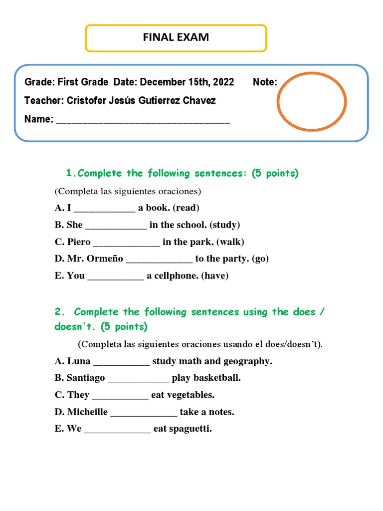 First Grade English Exam | PDF | Career & Growth | Sports & Recreation