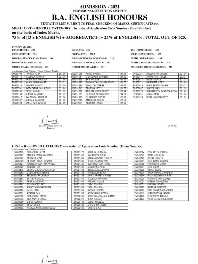 Provisional Selection List And Instructions For Online Admission To B A