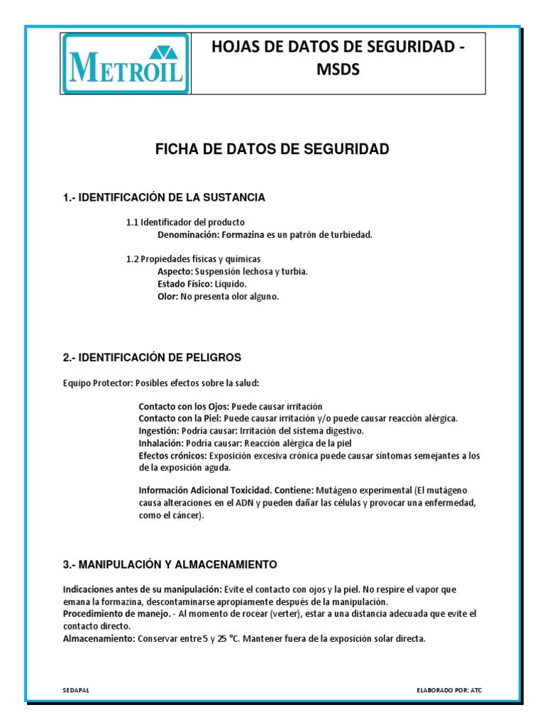 Safety Data Sheet for Formazine Standard Solution | PDF | Agua | Alergia