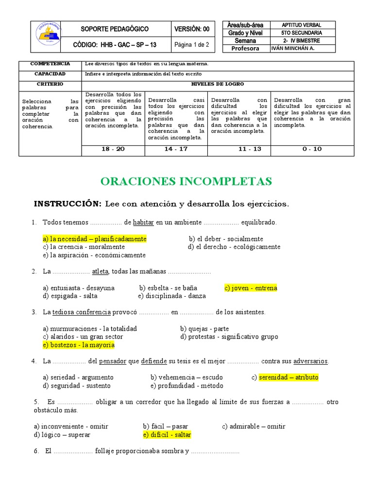 SP Tarea 2 IV - AP Verbal - 5to Sec | PDF