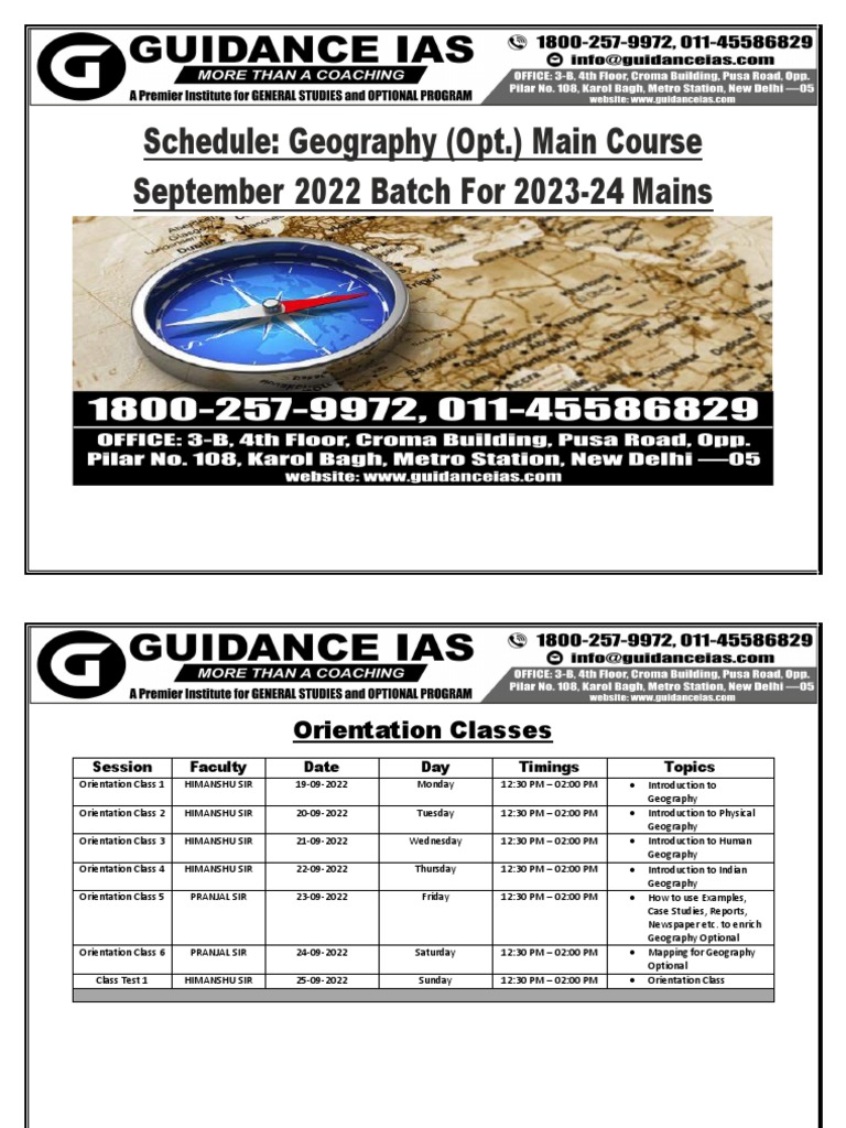 Schedule And Curriculum For Geography Optional Orientation Classes And