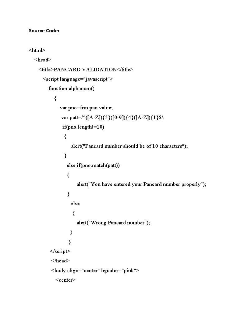 Validating PAN Card Numbers Using JavaScript | PDF
