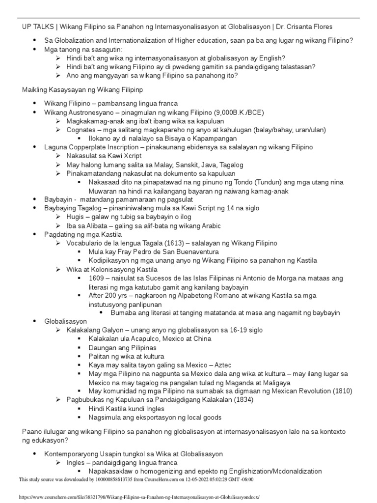 Wikang Filipino Sa Panahon NG Internasyonalisasyon at Globalisasyon | PDF Wikang Filipino Sa Panahon NG Internasyonalisasyon at Globalisasyon | PDF