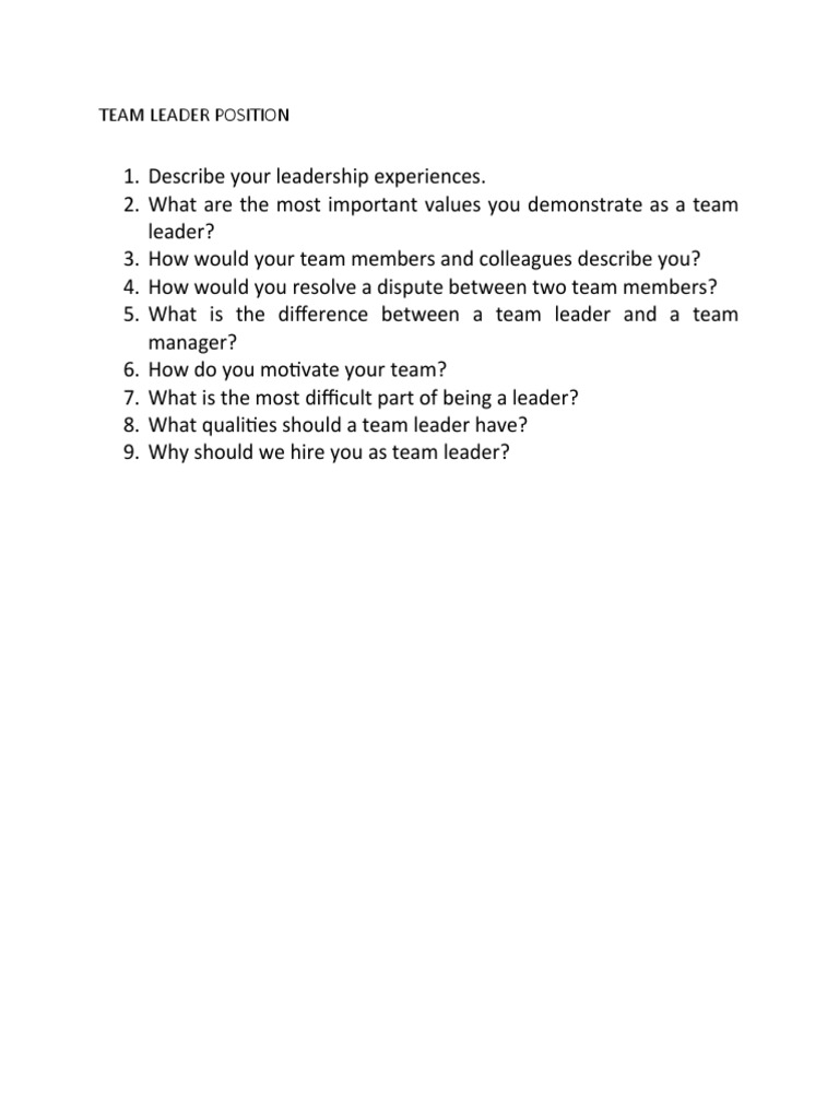 TEAM LEADER Interview Question | PDF