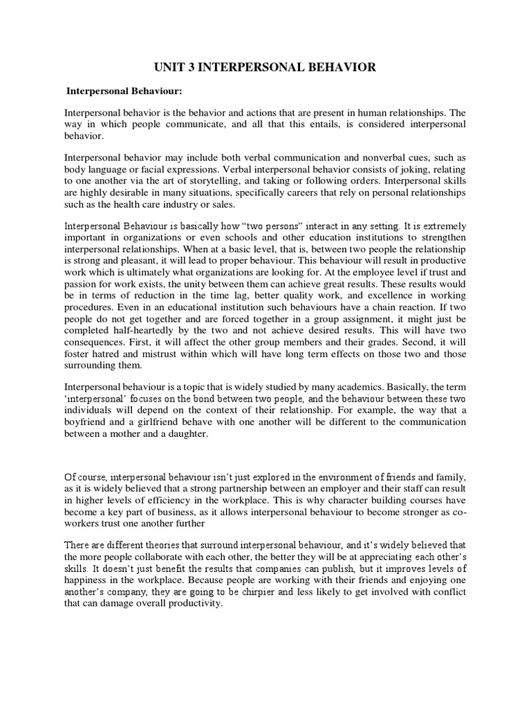 U-3 UNIT 3 INTERPERSONAL BEHAVIOR 8 Hrs | PDF | Id | Interpersonal Relationships