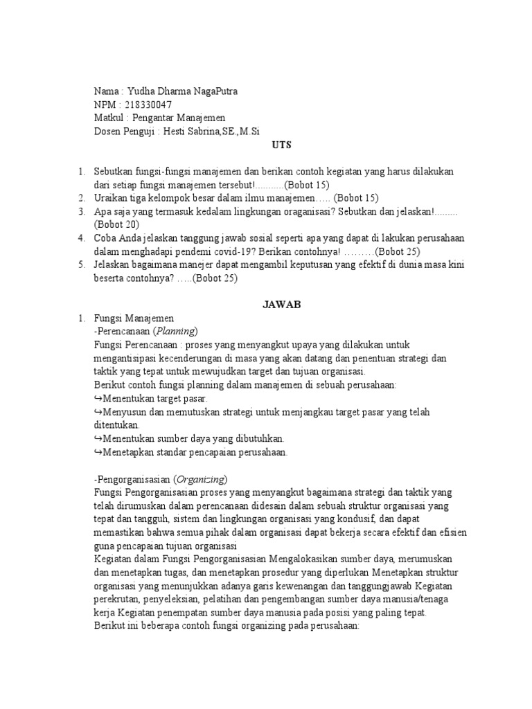 UTS Peng. Manajemen Yudha Dharma NagaPutra 218330047 | PDF | Bisnis