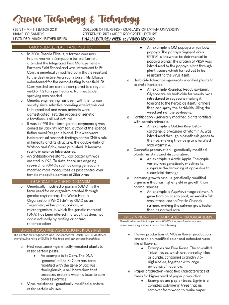 Stas Week 15 Gmo | PDF | Genetically Modified Organism | Genetic Engineering