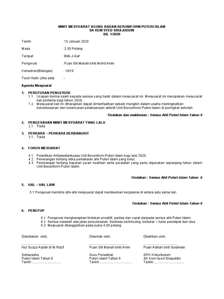 Minit Mesyuarat Puteri Islam | PDF