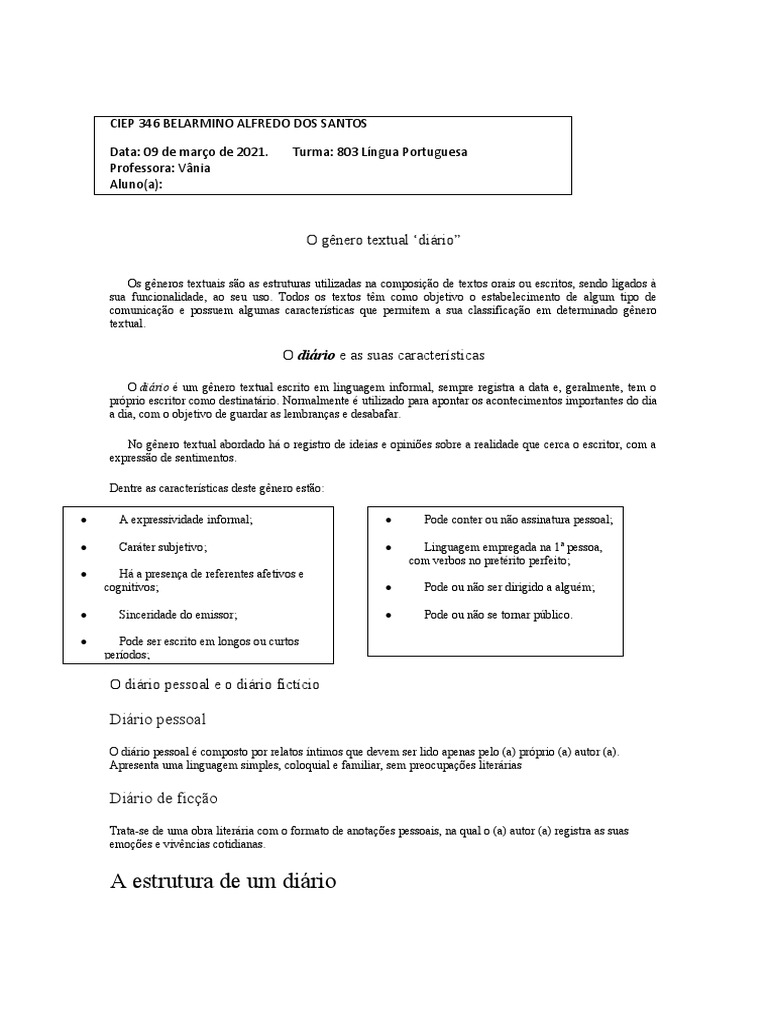 O gênero textual ‘diário” Aula 4 09.03.21 | PDF | Autor | Gênero