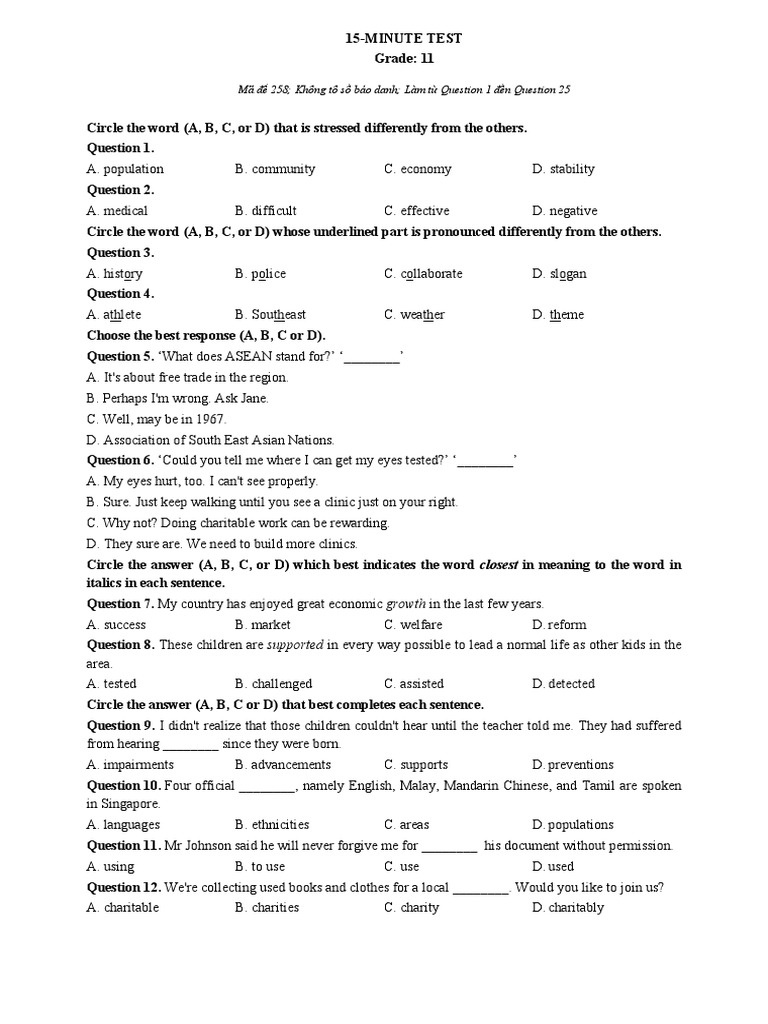 15-Minute Test For Grade 11 | PDF | Special Education | Schools